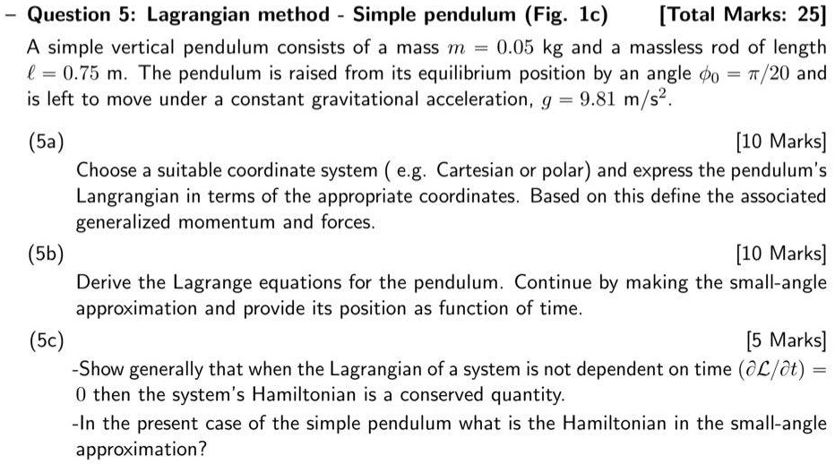 question 5 lagrangian method simple pendulum fig ic total marks 25 simple vertical pendulum ...