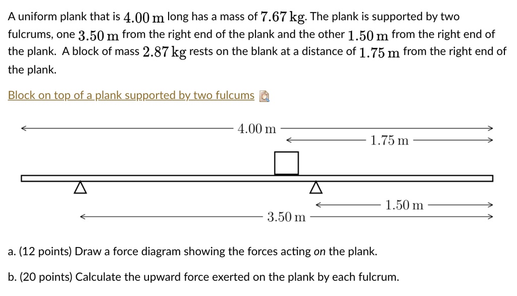 SOLVED: A uniform plank that is 4.00 m long has a mass of 7.67 kg: The ...