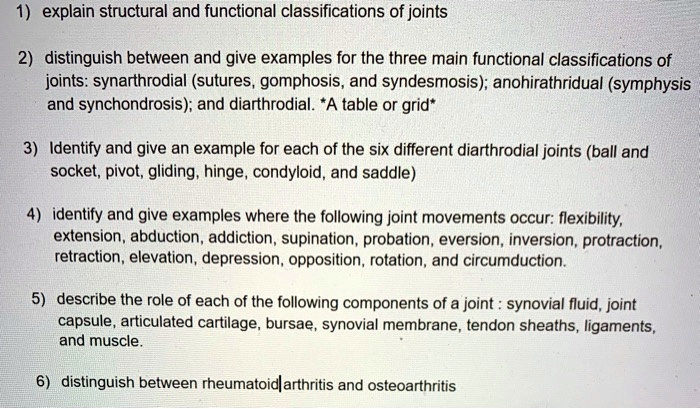 1) explain structural and functional classifications of joints 2) distinguish between and give ...