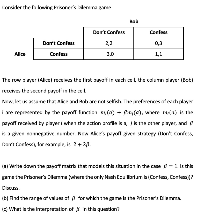Consider the following Prisoner's Dilemma game Bob Don't Confess ...