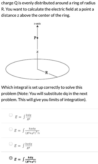 SOLVED: Charge Q is evenly distributed around a ring of radius R. You want to calculate the ...