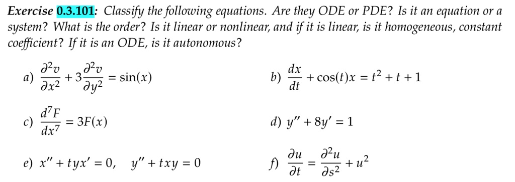 exercise 03101 classify the following equations are they ode or pde is ...