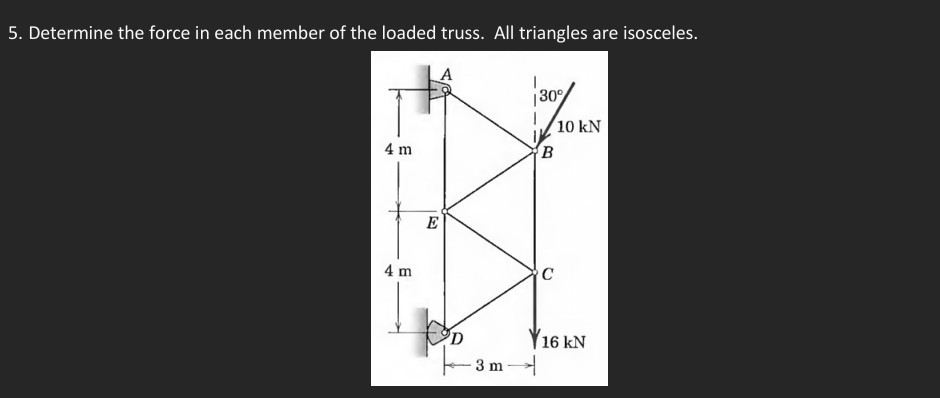 5. Determine the force in each member of the loaded truss. All ...