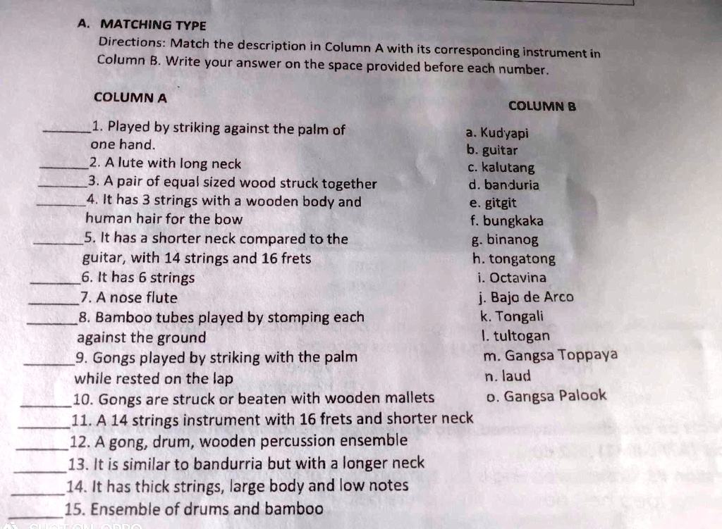 Solved A Matching Type Directions Match The Description In Column A With Its Corresponding
