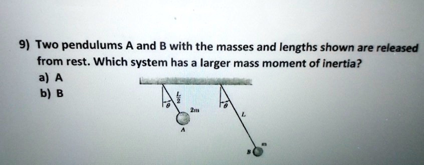 SOLVED: Two pendulums A and B with the masses and lengths shown are released from rest. Which ...