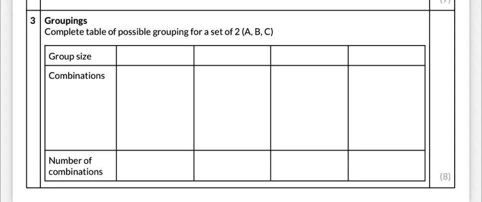 3 Groupings Complete table of possible grouping for a set of 2 (A, B, C ...
