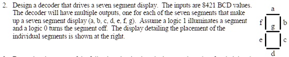 2. Design a decoder that drives a seven segment display. The inputs are ...