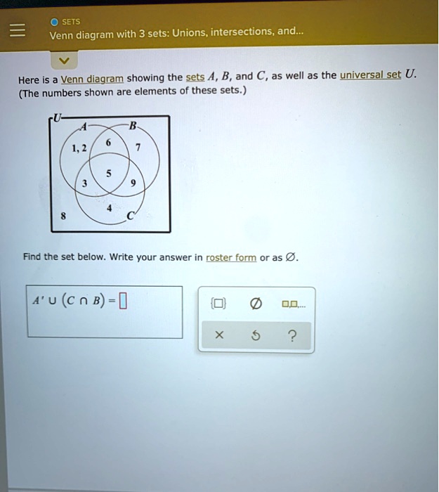 SOLVED: SETS Venn diagram with 3 sets: Unions, intersections, and Here ...