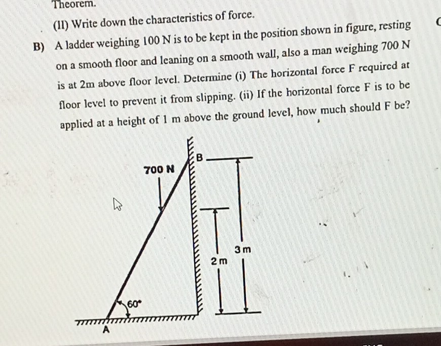 Theorem. (II) Write down the characteristics of force. B) A ladder ...