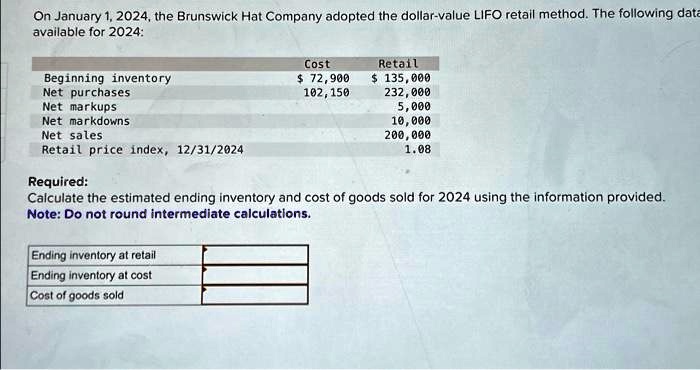 SOLVED: On January 1, 2024, the Brunswick Hat Company adopted the dollar-value LIFO retail ...