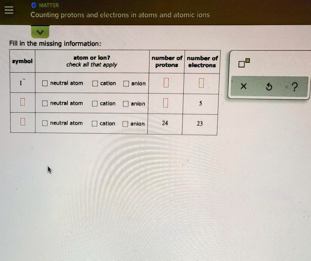 SOLVED: MATTER Counting protons and electrons in atoms and atomic ions Fill in the missing ...