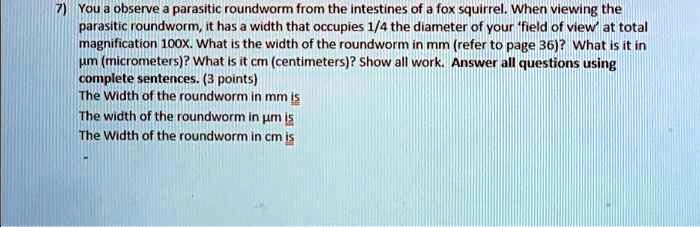 7) You a observe a parasitic roundworm from the intestines of a fox ...