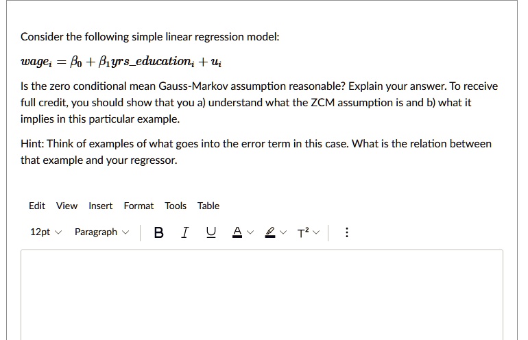 SOLVED: Consider the following simple linear regression model: wagei ...