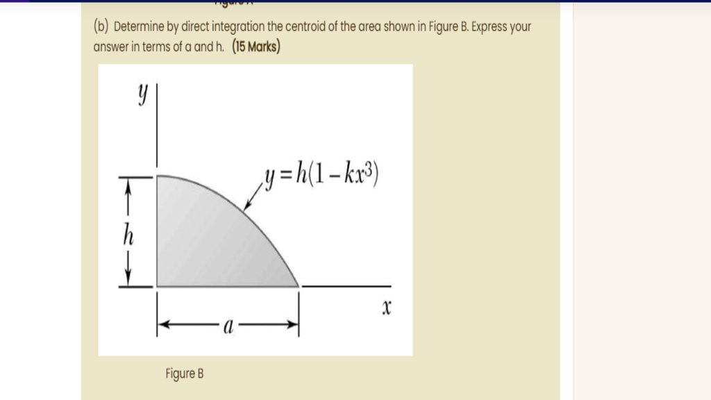 SOLVED: Determine by direct integration the centroid of the area shown in Figure B. Express your ...