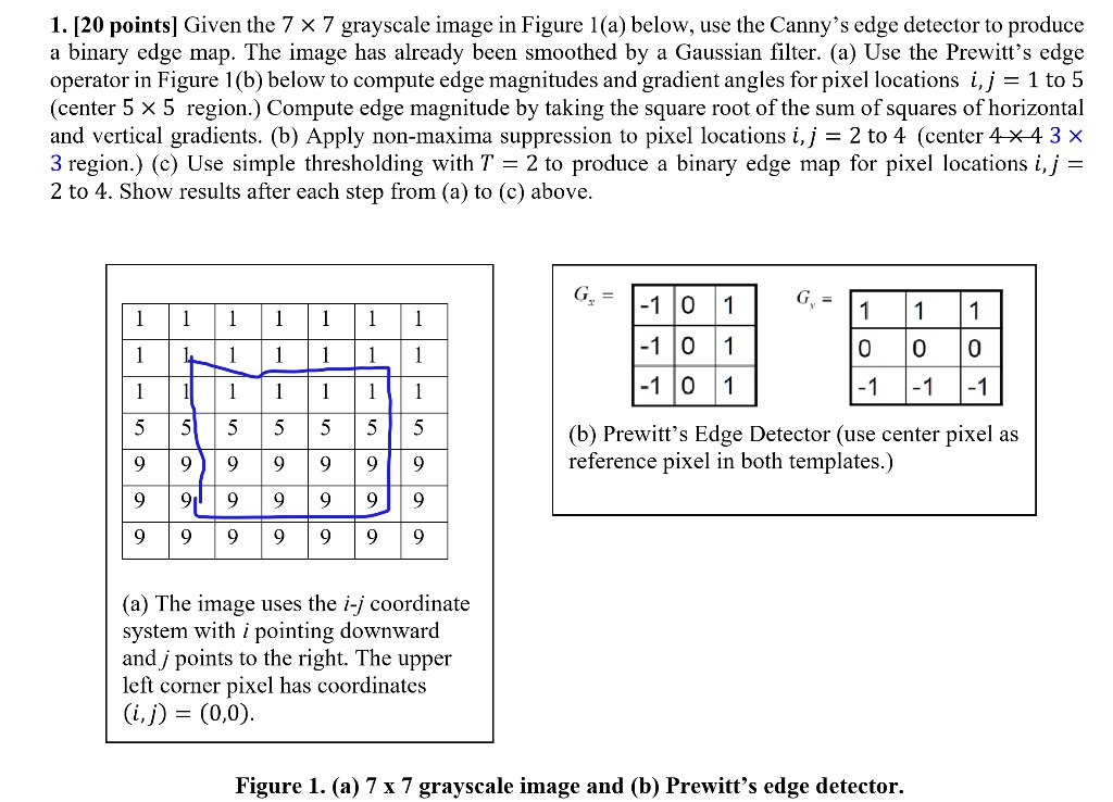 1. [20 points] Given the 7 × 7 grayscale image in Figure 1(a) below, use the Canny's edge ...