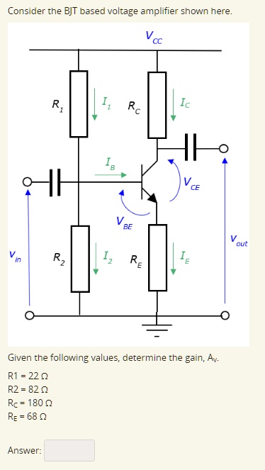 SOLVED: Consider the BJT based voltage amplifier shown here V CC BE V R RE Given the following ...