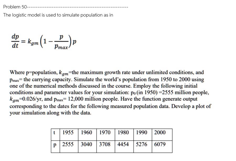 problem 50 the logistic model is used to simulate population as in dp dt kgm p p pmax where p ...