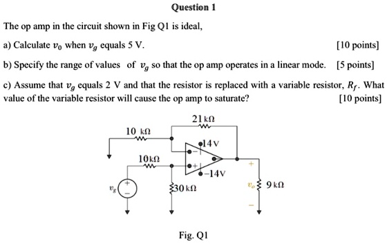 SOLVED: The op amp in the circuit shown in Fig Q1 is ideal. a. Calculate vo when vg equals 5 V ...