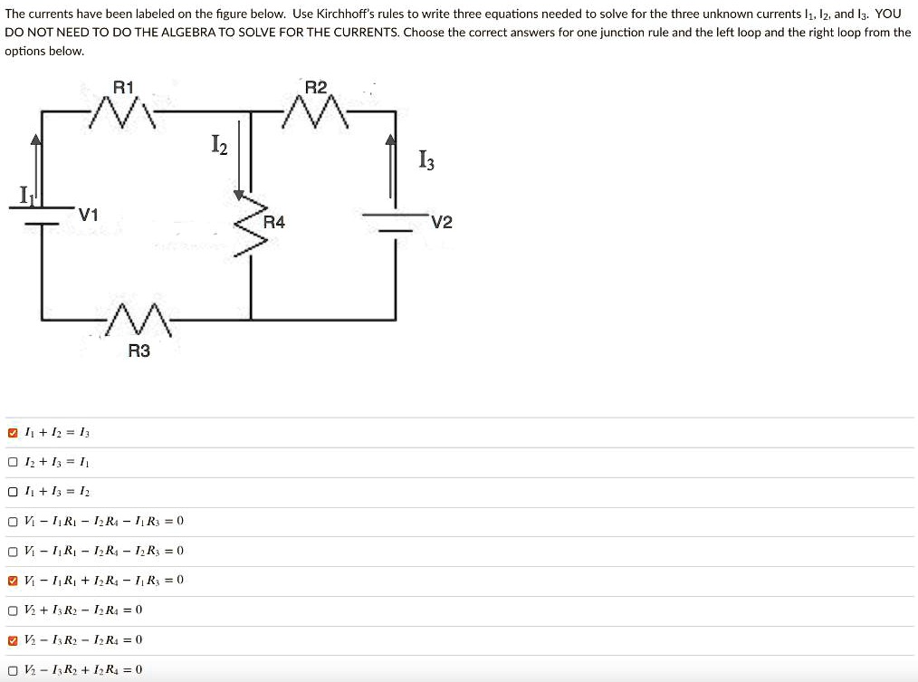 SOLVED: The currents have been labeled on the figure below: Use Kirchhoff's rules to write three ...