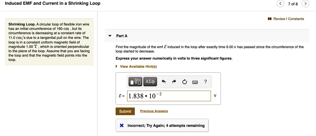 Solved Induced Emf And Current In A Shrinking Loop 7 Of 8 Reviow Constants Shrinking Loop 