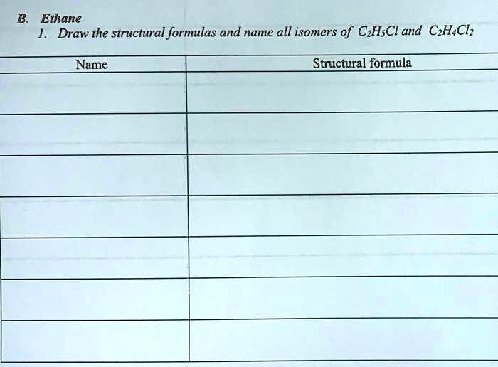 SOLVED: Ethane: Draw the structural formulas and name all isomers of C2H5Cl and C2H4Cl2. Name ...