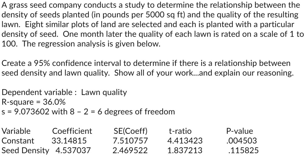 A grass seed company conducts a study to determine the relationship between the density of seeds ...