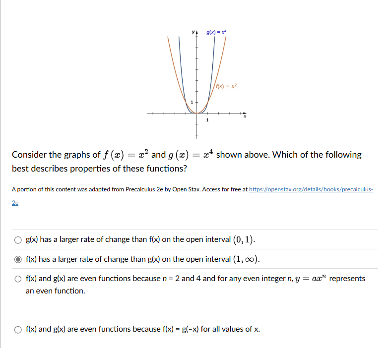 consider the graphs of fxx2 and gxx4 shown above which of the following ...