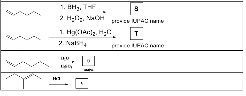 SOLVED: 1. BH3, THF 2. H2O2, NaOH Provide IUPAC name for: 1. Hg(QAc)H2Q ... SOLVED: 1. BH3, THF 2. H2O2, NaOH Provide IUPAC name for: 1. Hg(QAc)H2Q ...