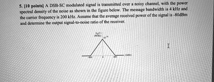 5. [10 points] A DSB-SC modulated signal is transmitted over a noisy channel, with the power ...