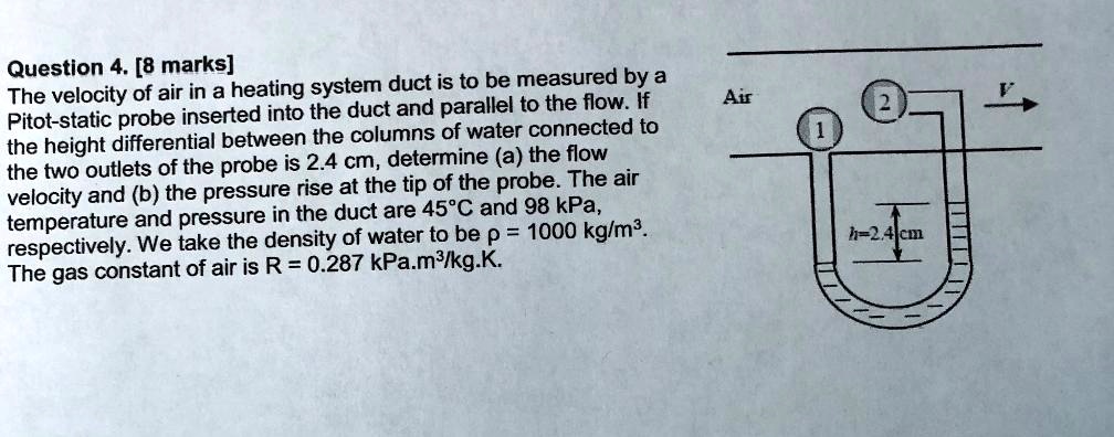 SOLVED: Question 4. [8 marks] The velocity of air in a heating system duct is to be measured by ...