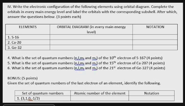 SOLVED: IV. Write the electronic configuration of the following clements using otbital diagram ...