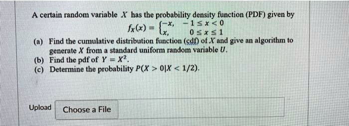 A certain random variable X has the probability density function (PDF) given by fX(x) = -x, -1 ≤ x