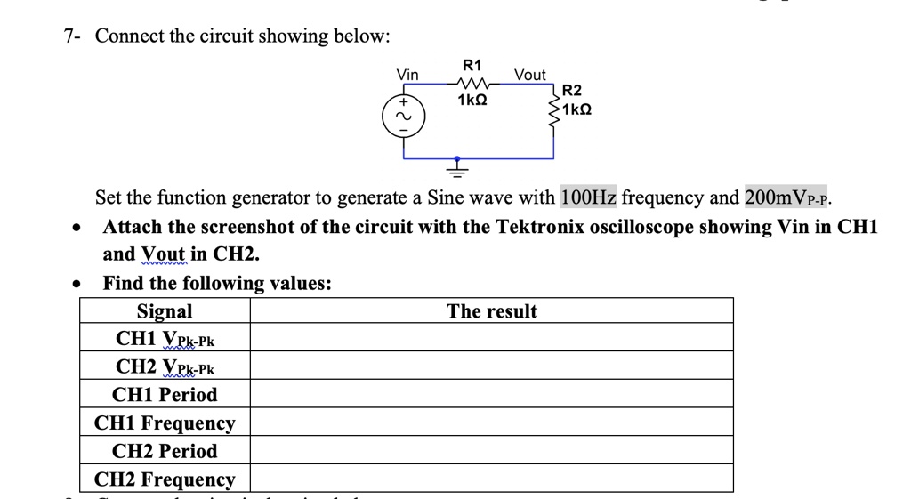 7- Connect the circuit showing below: R1 Vin Vout R2 1?? ?1?? • • Set the function generator to ...