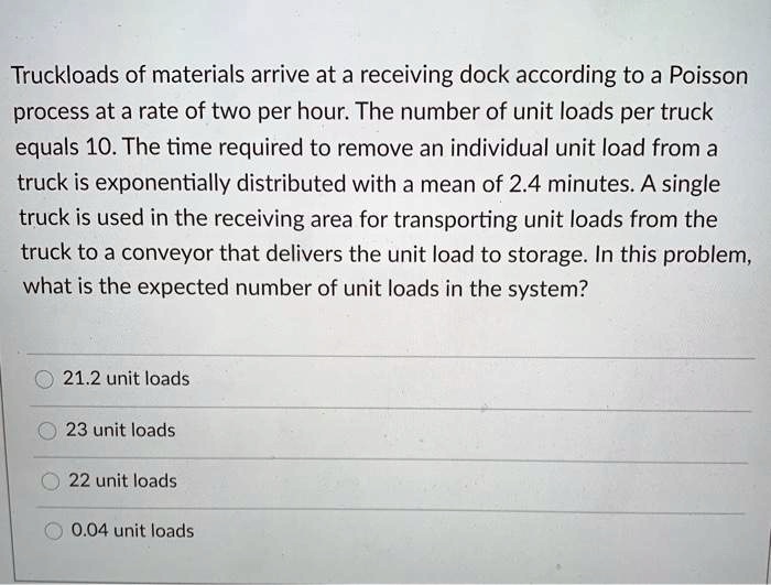 SOLVED: Truckloads of materials arrive at a receiving dock according to ...