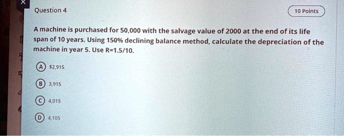 SOLVED: A machine is purchased for 50,000 with a salvage value of2,000 ...