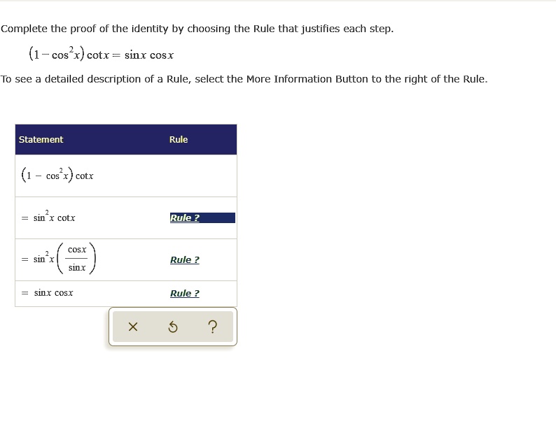 SOLVED: Complete the proof of the identity by choosing the Rule that ...