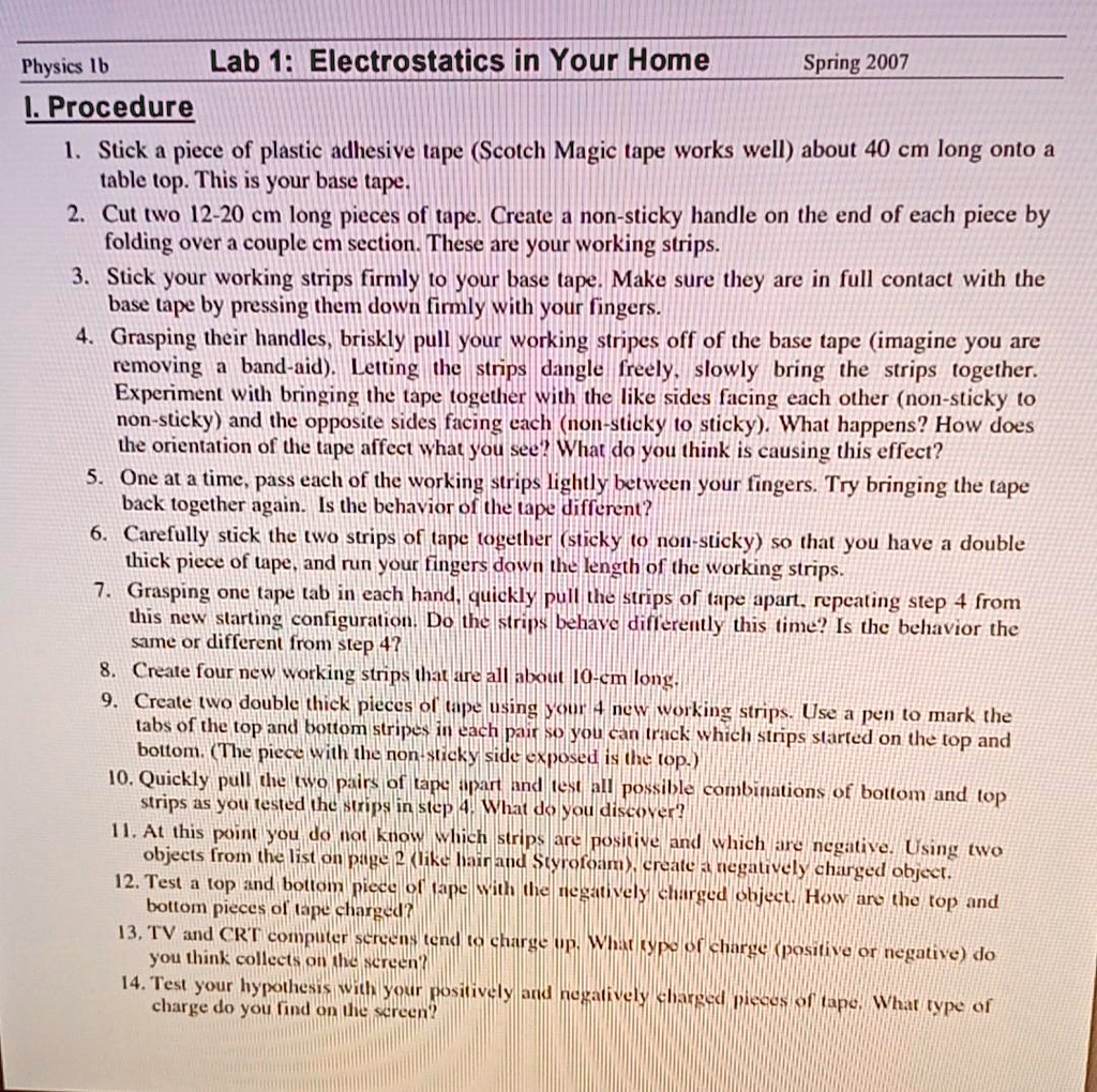 SOLVED: Physics 1b Lab 1:Electrostatics in Your Home Spring 2007 I ...
