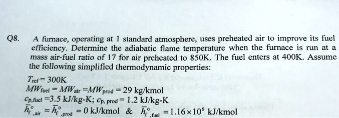 A furnace, operating at 1 standard atmosphere, uses preheated air to ...