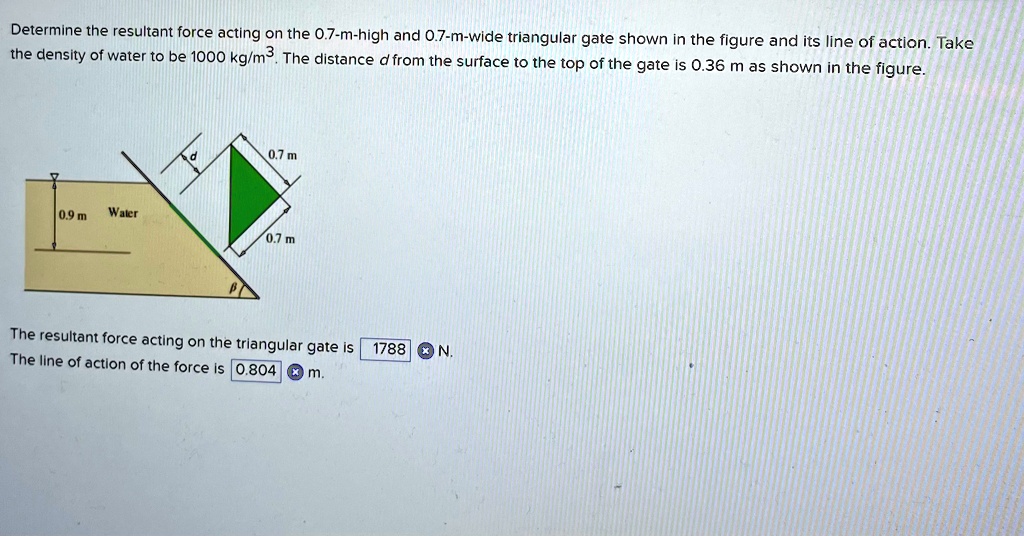 determine the resultant force acting on the 07 m high and 07 m wide triangular gate shown in the ...