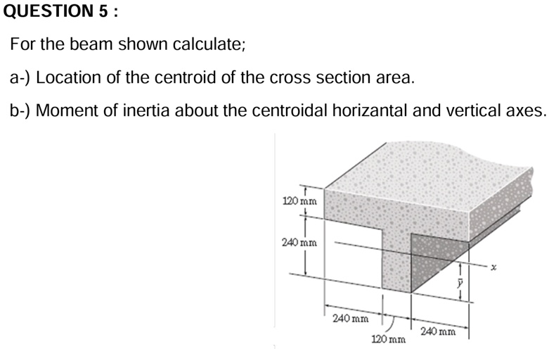 QUESTION 5: For the beam shown calculate; a-) Location of the centroid of the cross section area ...