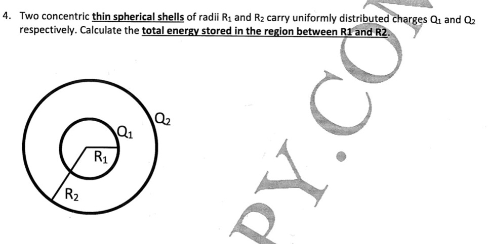 4. Two concentric thin spherical shells of radii R? and R? carry uniformly distributed charges Q ...