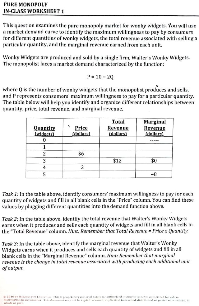 SOLVED: Texts: PURE MONOPOLY IN-CLASS WORKSHEET 1 This question ...