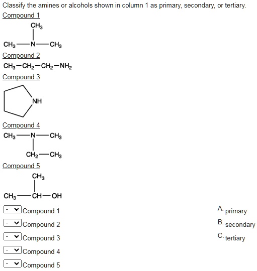 Classify the amines or alcohols shown in column 1 as...