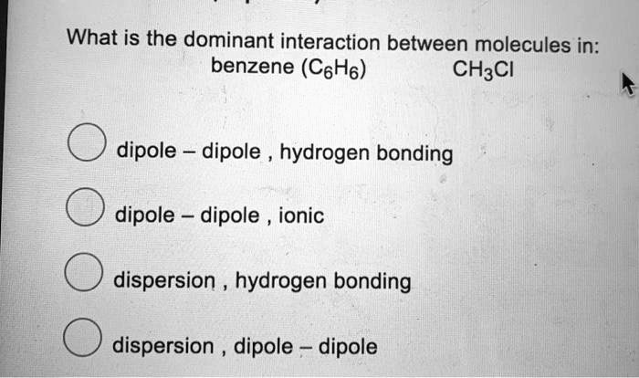 SOLVED: What is the dominant interaction between molecules in: benzene ...