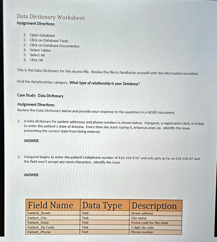 Data Dictionary Worksheet: Assignment Directions: 1. Open Database 2. Click on Database Tools 3 ...