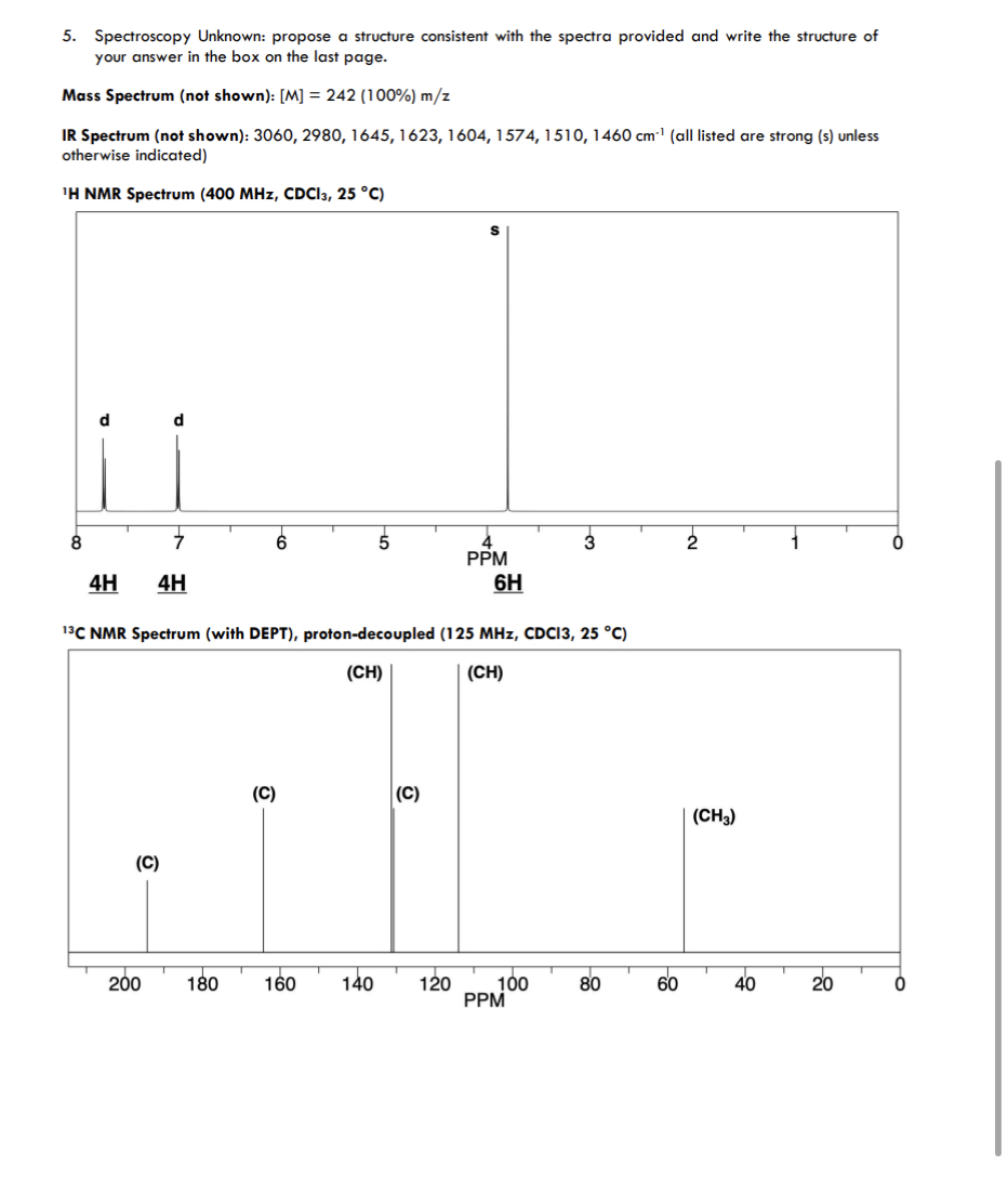 5. Spectroscopy Unknown: propose a structure consistent with the spectra provided and write the ...