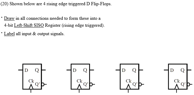 (20) Shown below are 4 rising edge triggered D Flip-Flops. • Draw in all connections needed to ...