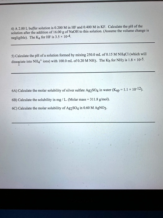 SOLVED: 4) A 2.00 buffer solution is 200 M in HF and 400 M in KF: Calculate the pH of the ...