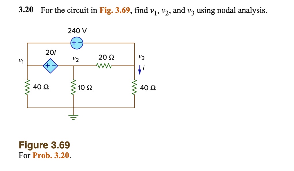 3.20 For the circuit in Fig. 3.69, find v1, v2, and v3 using nodal analysis.