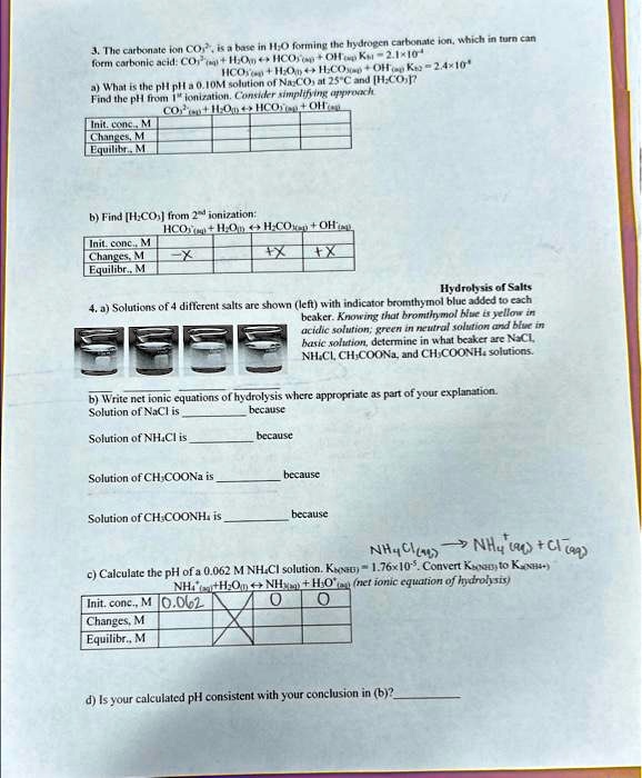 SOLVED: Texts: 3. The carbonate ion CO3 is a base in H2O forming the hydrogen carbonate ion HCO3 ...